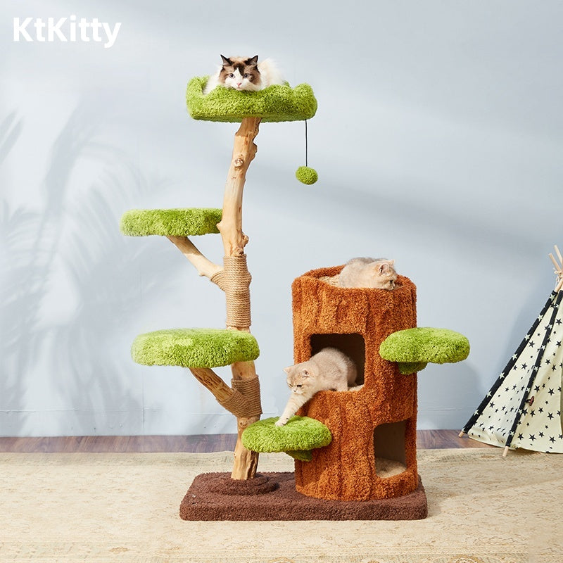 Natural Wood Cat Tree for Large Cats – Stable, Stylish & Compact-KtKitty